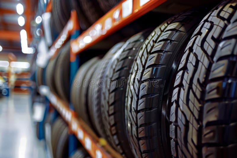 Close Up of a Tire on Display in a Store with Blurred Rubber Warehouse ...