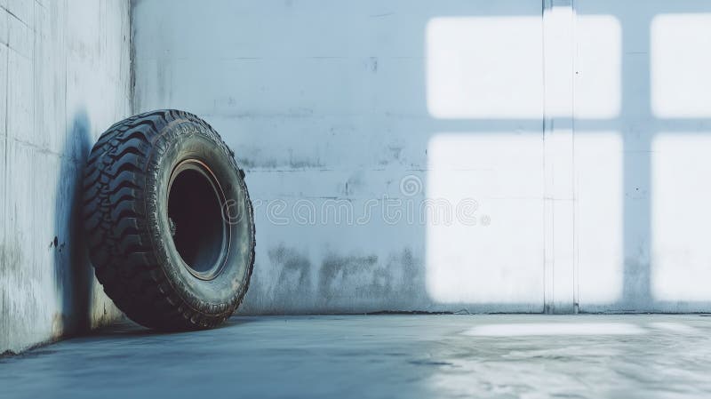 Close Up of a Tire Leaning Against a White Wall in a Garage Stock Image ...