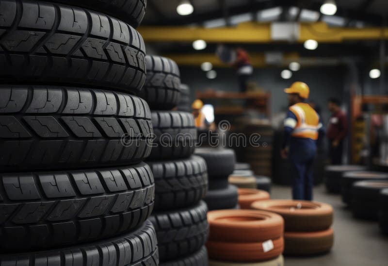 Close Up Tire Stack Blurred Uniformed Workers, Automotive, Workers ...