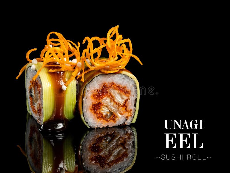 Close Up To Sushi Roll Pieces with Mirror Reflection on Black ...