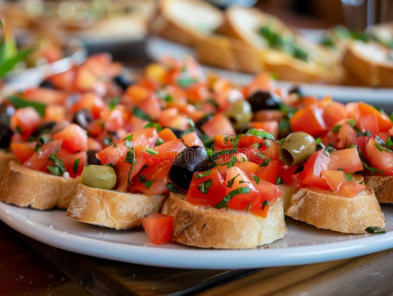 Close-up of Toasted Bread with Tomato and Olive Topping Stock ...