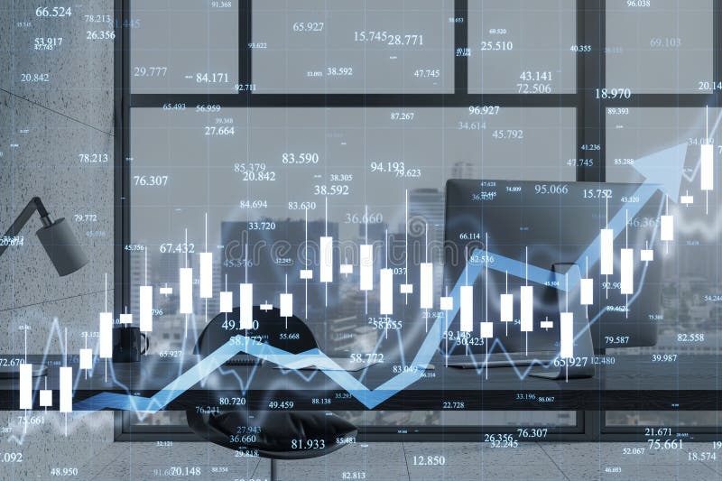 Close Up of Toned Workspace with Computer and Creative Blue Candlestick ...