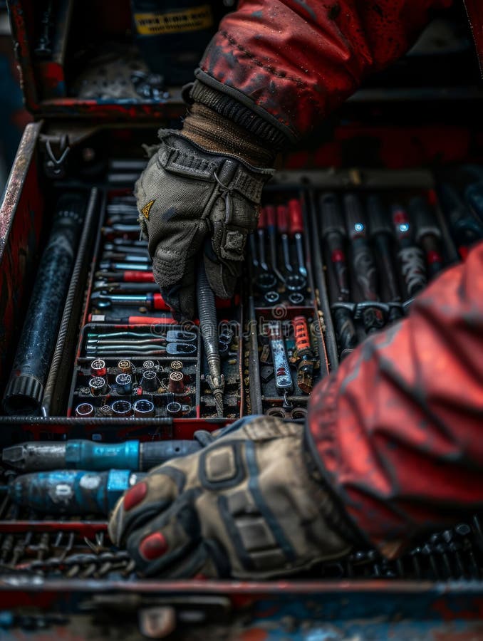 Close-up of a Toolbox Overflowing with Tools, with a Worker S Hand ...