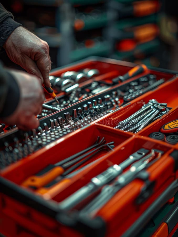 Close-up of a Toolbox Overflowing with Tools, with a Worker& X27;s Hand ...