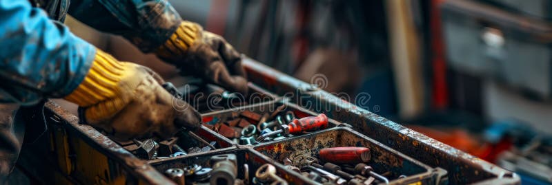 Close-up of a Toolbox Overflowing with Tools, with a Worker& X27;s Hand ...