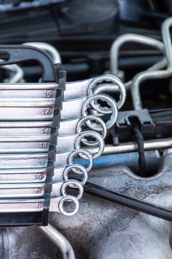 Close Up on Tools in Car Engine Bay Stock Photo - Image of gear, garage ...