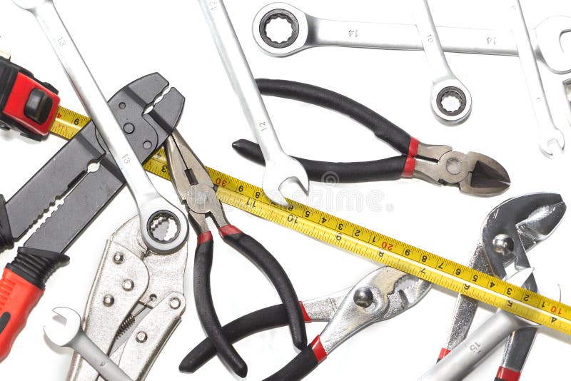 Close Up Tools on White Background. Isolated Stock Photo - Image of ...