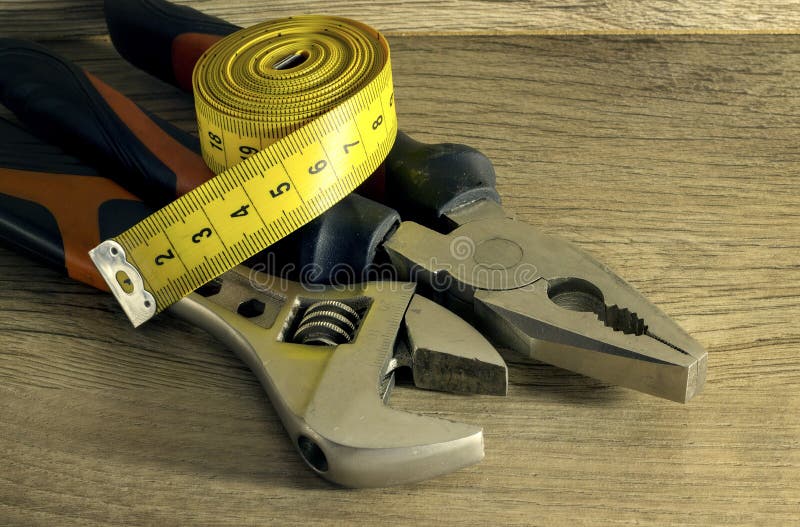 Close Up Tools on a Wooden Background Stock Image - Image of group ...