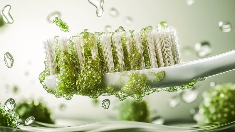 Close-up of a Toothbrush with Green Toothpaste Bubbles Splashing Stock ...