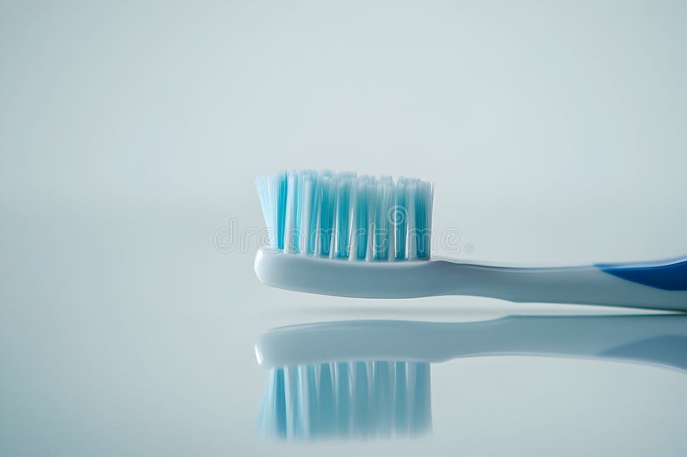 Close-up of a Toothbrush with Soft Blue Bristles on Reflective Surface ...