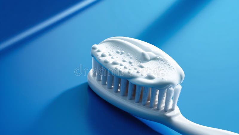 Close-Up with Toothpaste and Water Droplets on a Blue Background. Stock ...