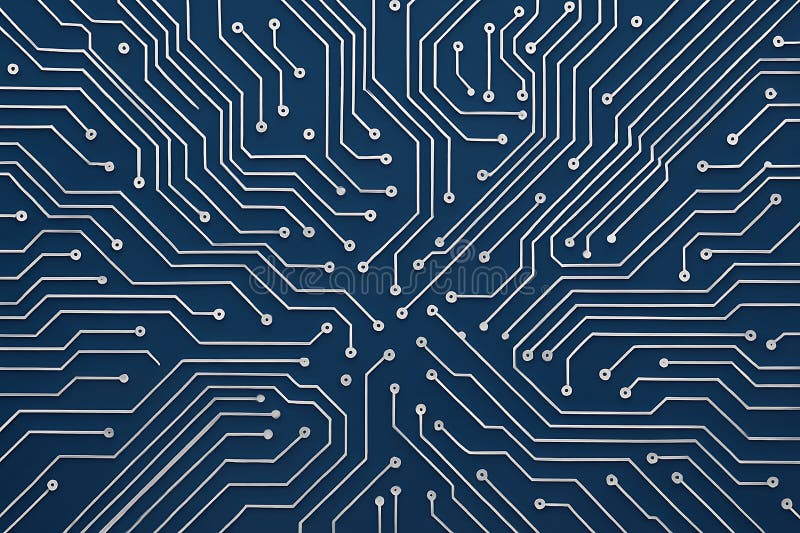 Intricate Silver Circuit Board Traces on a Deep Blue Background ...