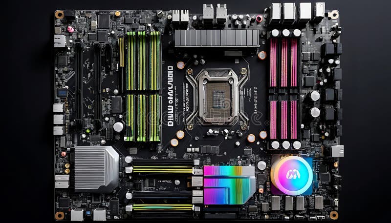 Modern Gaming PC Motherboard with RGB Lighting on Black Background ...