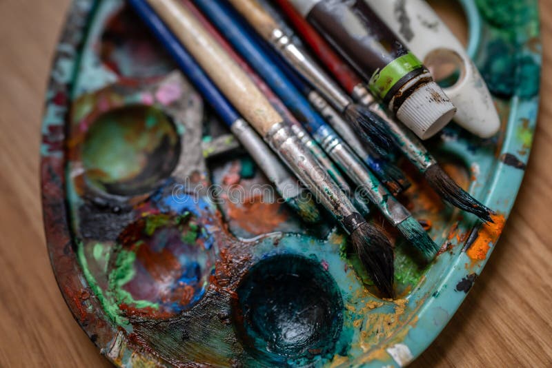 Close Up Top View on Brushes and Painter Color Palette Art Concept ...