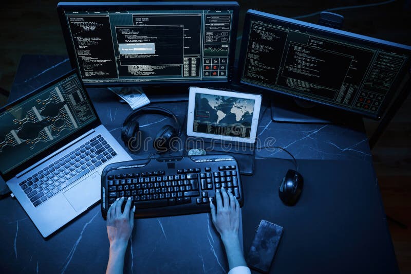 Close Up Top View of Female Hacker Hands, Typing on Keyboard Stock ...