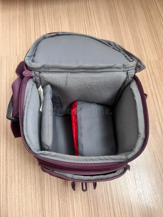 Close Up Top View and Open Purple Empty Small Camera Bag for Travel ...