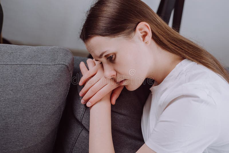 Close Up Top View of Unhappy Sad Young Woman Expression Face Thinking ...