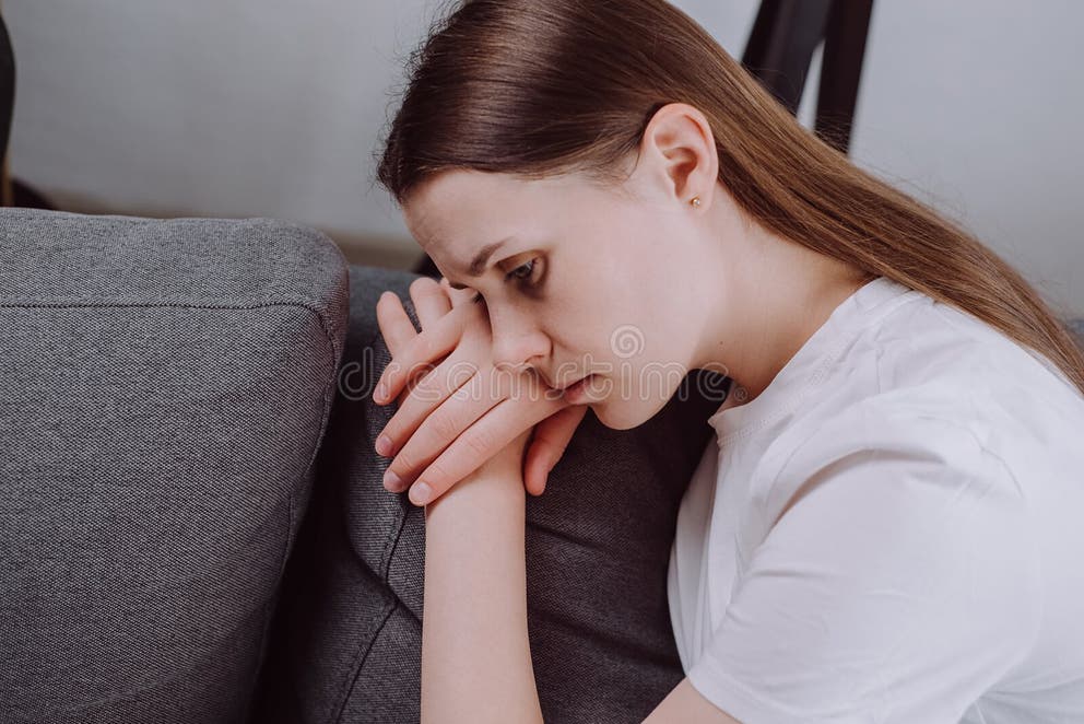 Close Up Top View of Unhappy Sad Young Woman Expression Face Thinking ...