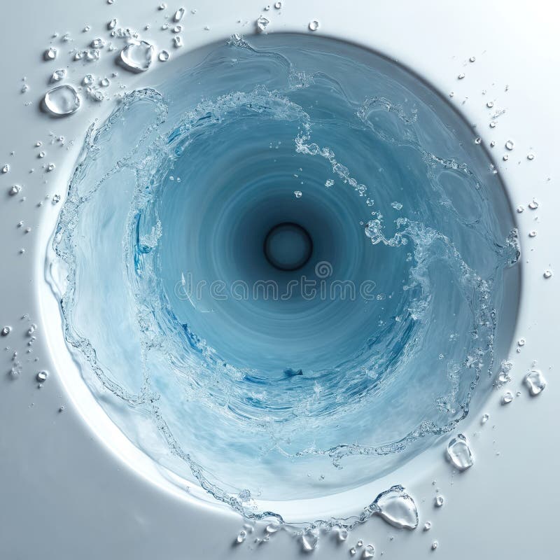 Close-up Top View of Water Swirling Down Toilet Drain. Dynamic Fluid ...