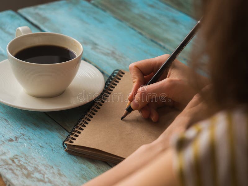 Close Up Top View of Writing Woman Drinking Coffee Stock Photo - Image ...