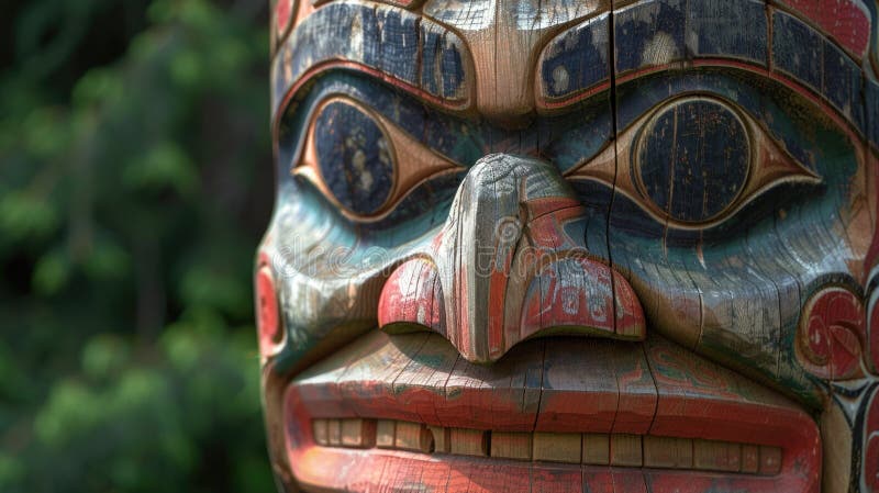 Close-up of a Totem Pole with a Tree in the Background. Ideal for ...