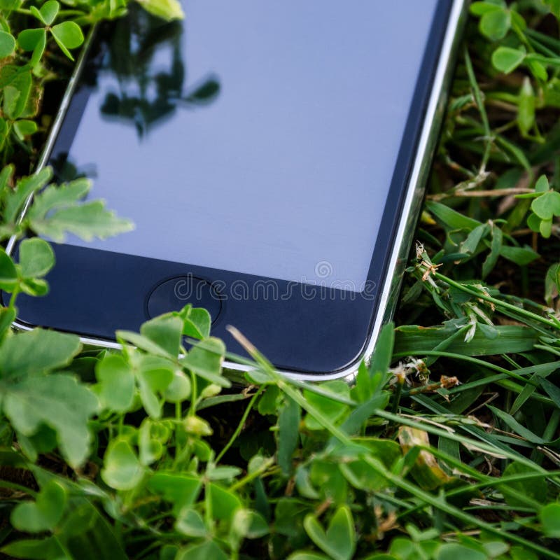 Touch Screen Smartphone Lying on the Green Grass Stock Photo - Image of ...