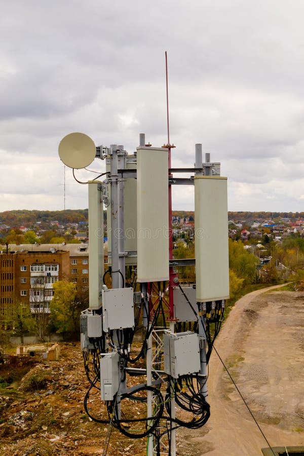 Close-up of Tower with 5G and 4G Cellular Network Antenna. Aerial View ...