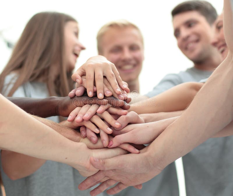 Close Up. Tower from the Hands of a Young Team Stock Photo - Image of ...