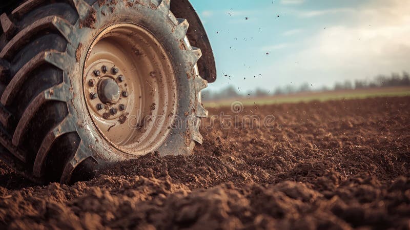 Close Up of Tractor Wheels Plowing Soil, Creating Dust and Leaving ...
