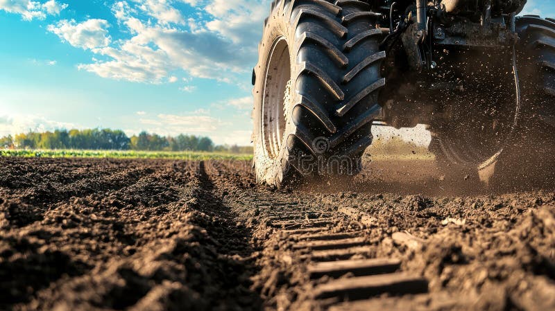 Close Up of Tractor Wheels Plowing Soil, Creating Dust and Leaving ...