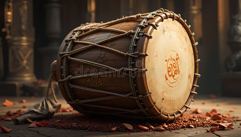Close Up of a Traditional Brown Drum with Ropes and Arabic Calligraphy ...
