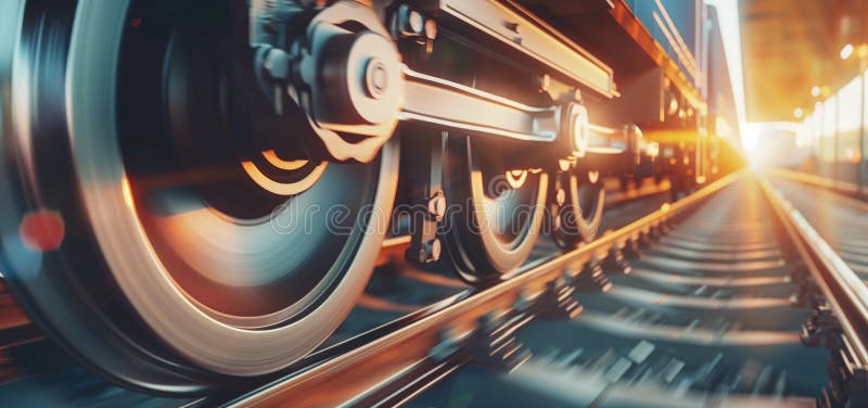 Close-up of Train Wheels on Railway Tracks at Sunset with Blurred ...