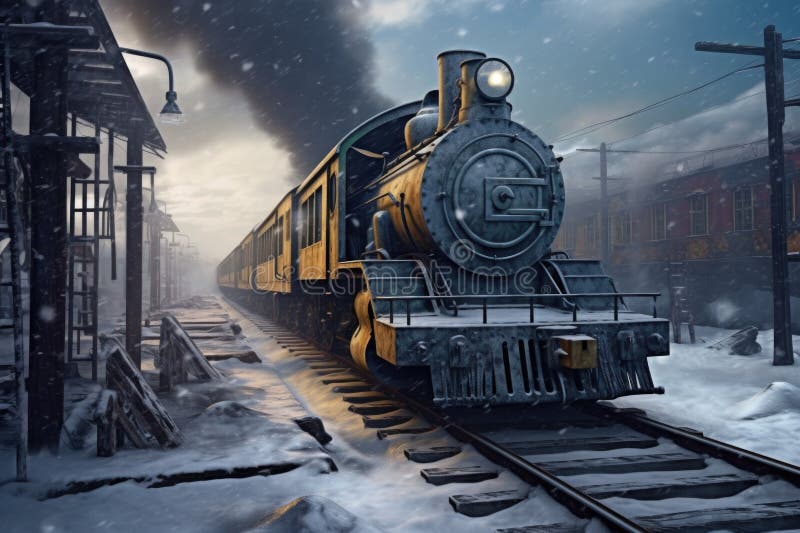 Close-up of Trains Steam Engine on Icy Tracks Stock Illustration ...
