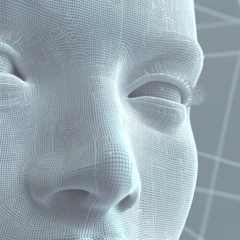 Close-up of a Translucent Digital Face Wireframe Model with Detailed ...