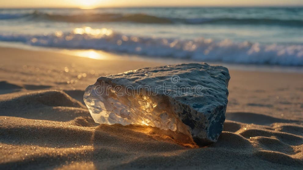 Luminous Ice Rock on Golden Sunset Beach Stock Illustration ...