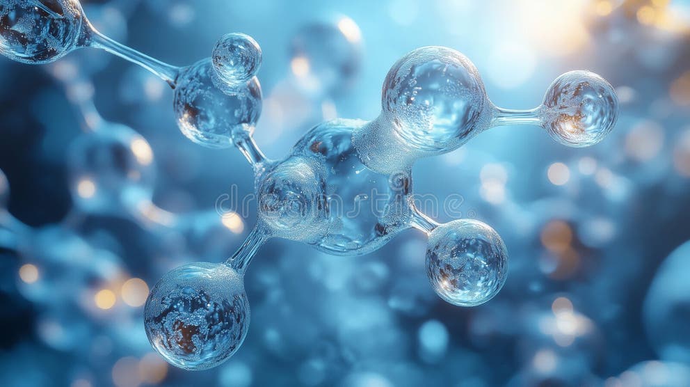 A Close-up of Transparent Molecules with Light Reflections in a Blue ...