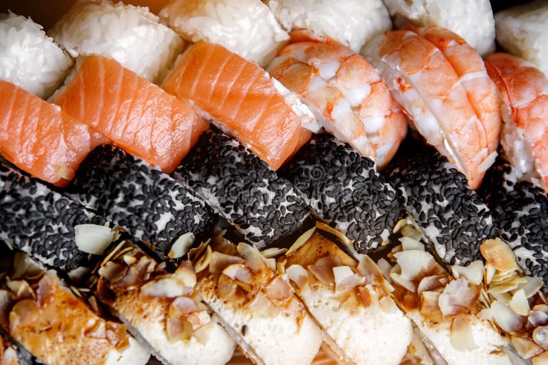 Close Up on Tray of Assorted Sushi Appetizers Stock Photo - Image of ...