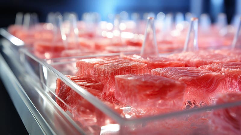 Close-up of a Tray of Fresh, Pink, Raw, Cubed Meat in a Lab or Food ...