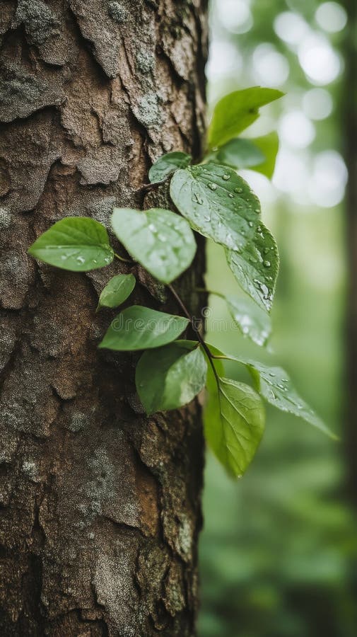 Close-up of Tree Bark with Green Leaves and Rain Droplets in a Forest ...