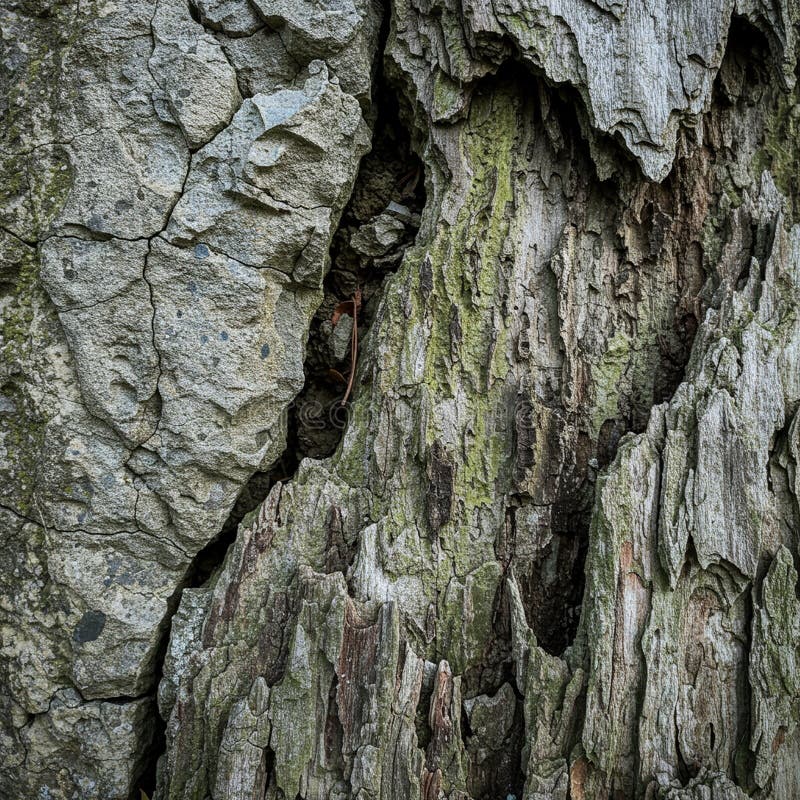 Close-up of a Tree Bark and Stone Texture Juxtaposition. the Rough ...