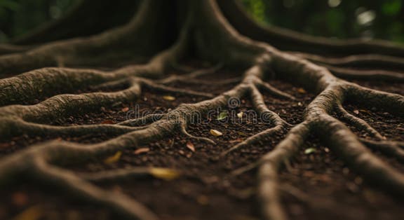 Close-Up of Tree Roots in Dark Brown Soil Stock Illustration ...