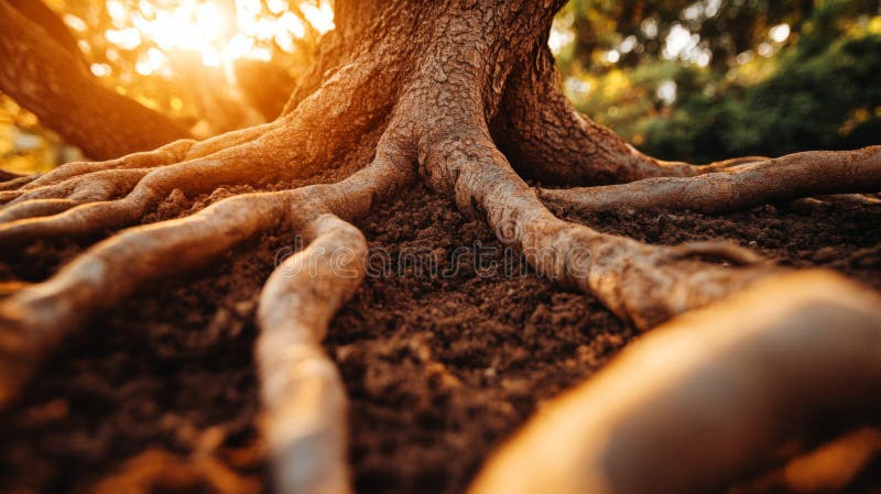 Close-Up of Tree Roots in Soil at Sunset Stock Illustration ...