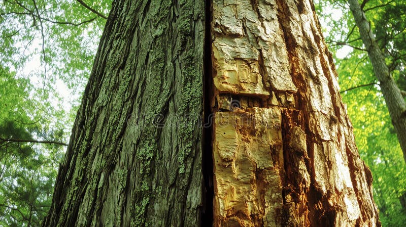 Close-up of a Tree Trunk Displaying Two Distinct Types of Bark Stock ...
