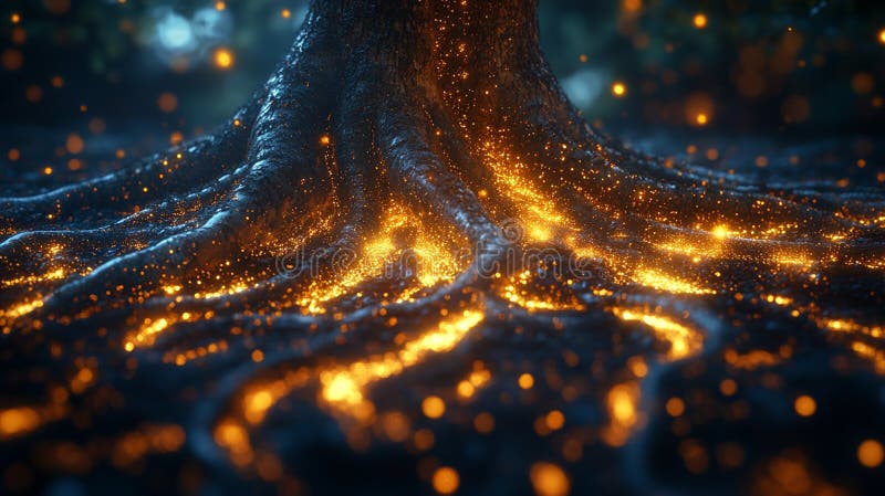 A Close Up of a Tree Trunk and Roots with Glowing Particles in a Dark ...