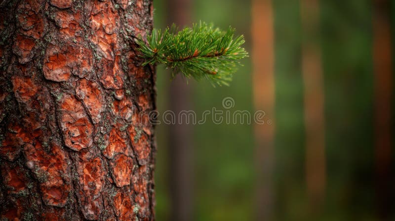 A Close-up of a Tree Trunk with a Small Pine Branch Growing on it ...