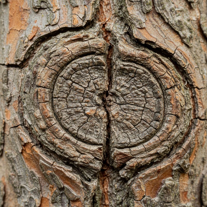 Close-up of a Tree Trunk with Thick, Textured Bark. Two Prominent ...