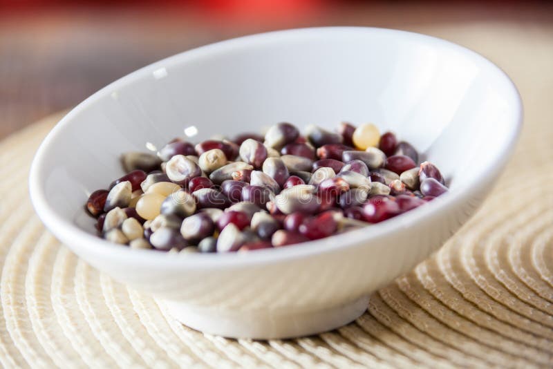 Close Up of Tri Color Popcorn Kernels in a White Bowl with Selective ...