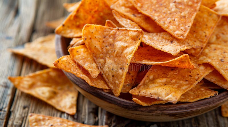 Close-up of Triangular Tortilla Chips with Spices on a Wooden Plate on ...