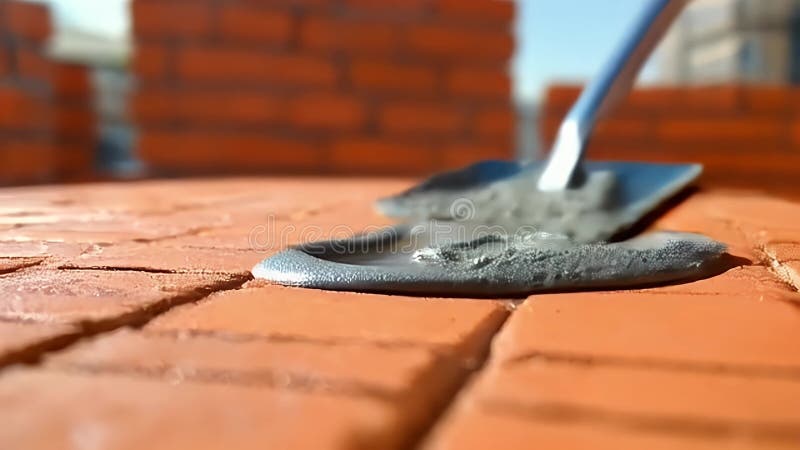 Close Up Trowel Spreading Cement on New Orange Bricks Under Bright Blue ...