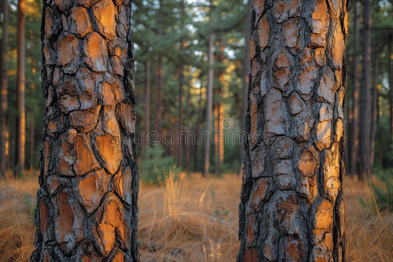 A Close Up of the Trunks and Bark of Two Pine Trees in an Open Forest ...